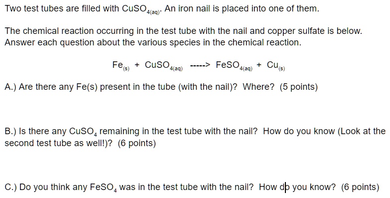 SOLVED: Two test tubes are filled with CuSO4(aq). An iron nail is ...