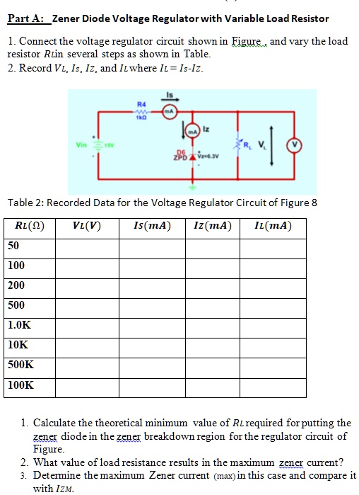[GET ANSWER] Part A: Zener Diode Voltage Regulator with Variable Load Resistor 1. Connect the ...