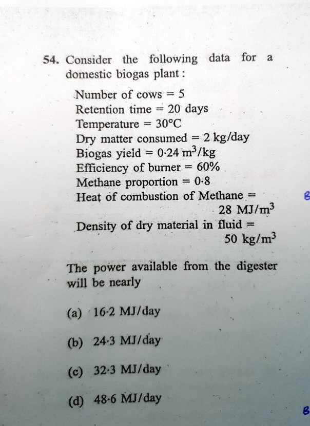 54. Consider the following data for a domestic biogas plant: Number of ...