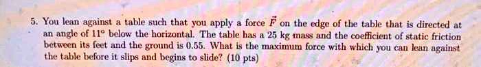 SOLVED: You lean against a table such that you apply a force F on the ...