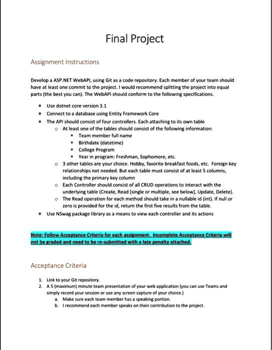 Solved Final Project Assignment Instructions Develop An Aspnet Webapi Using Git As A Code 0554