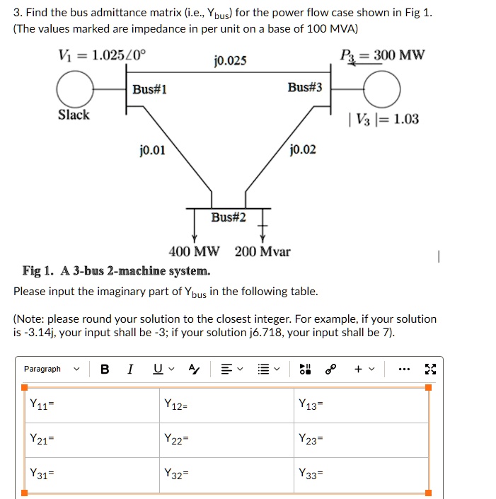 SOLVED: Find the bus admittance matrix (i.e. Ybus) for the power flow case shown in Fig 1. (The ...