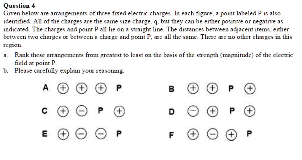 SOLVED: Question 4 Given below are arrangements of three fixed electric charges. In each figure ...