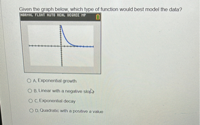 Given the graph below, which type of function would best model the data ...