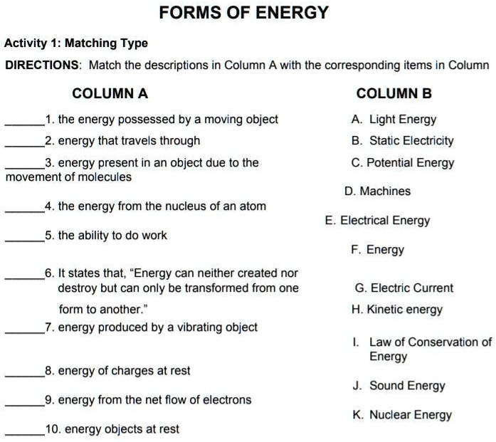 FORMS OF ENERGY Activity 1: Matching Type DIRECTIONS: Match the ...