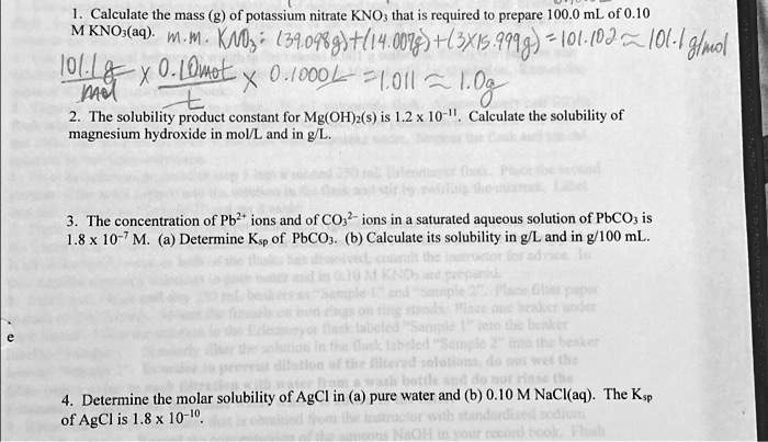 1. Calculate the mass (g) of potassium nitrate KNO3 that is required to ...