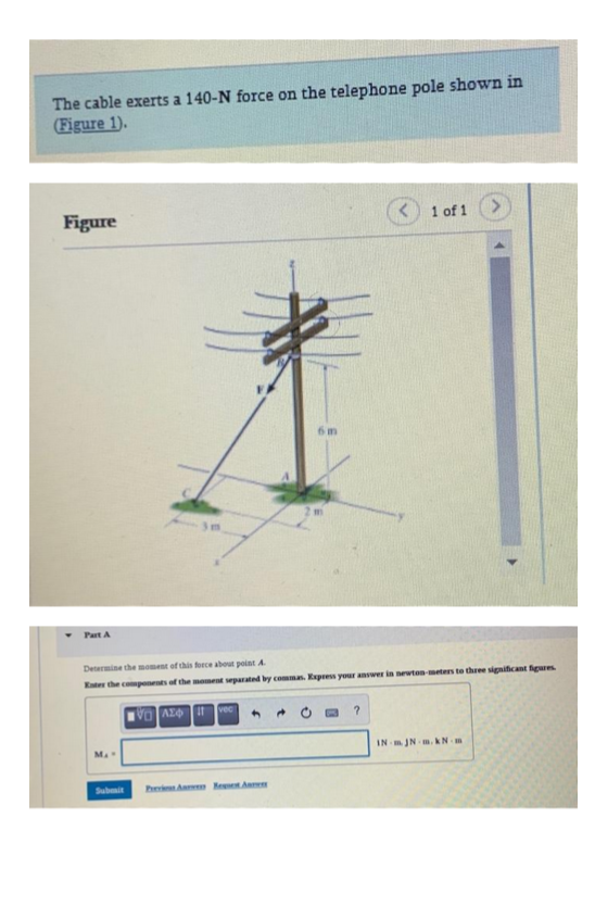 The cable exerts a 140-N force on the telephone pole shown...