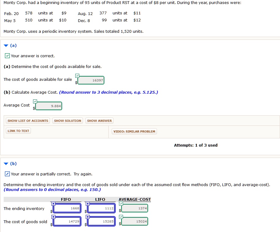 SOLVED: Monty Corp. had a beginning inventory of 95 units of Product ...