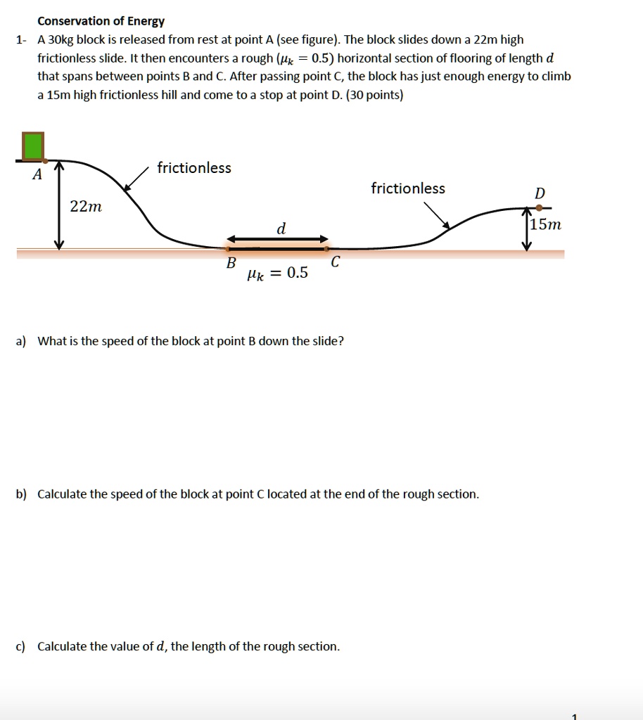 SOLVED: Conservation of Energy 30kg block is released from rest at point A (see figure): The ...