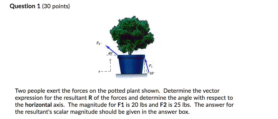 question 1 30 points two people exert the forces on the potted plant shown determine the vector ...