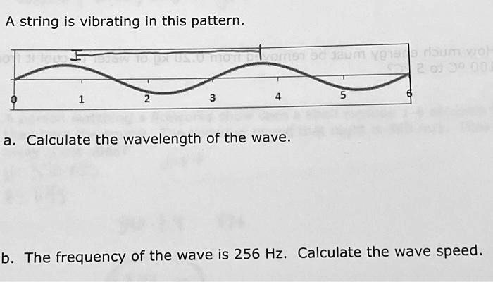 A string is vibrating in this pattern. 0 1 2 3 4 5 6 a. Calculate the wavelength of the wave. b ...