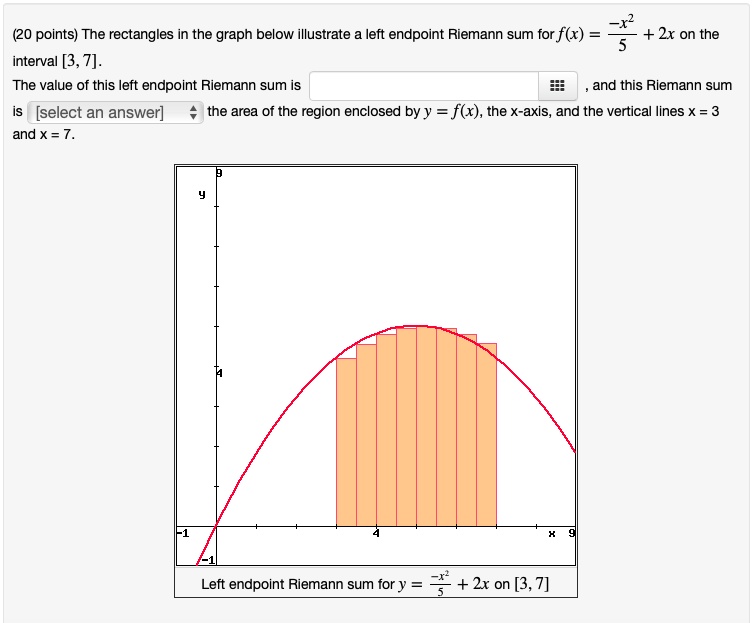 (20 points) The rectangles in the graph below illustrate a left endpoint Riemann sum for f(x ...