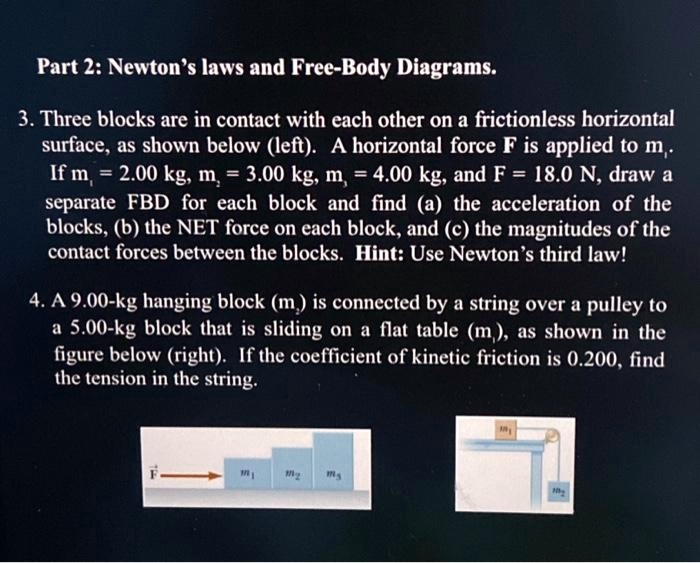 Part 2: Newton's laws and Free-Body Diagrams. 3. Three blocks are in contact with each other on ...