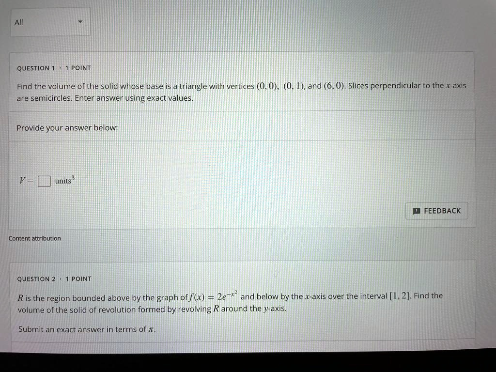 ali question point find the volume of the solid whose base is triangi with vertices 00 01 and 60 ...