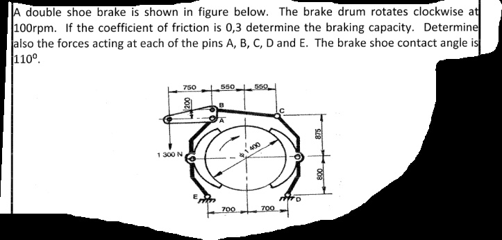 A double shoe brake is shown in figure below. The brake drum rotates ...