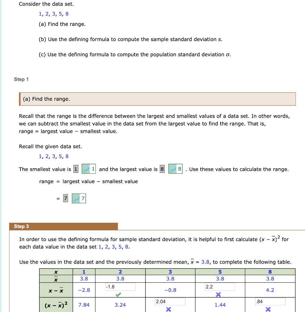 consider the data set 1 2 3 5 8 a find the range b use the defining formula to compute the ...