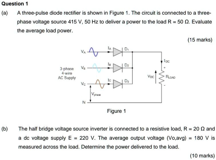 Question 1 (a) A three-pulse diode rectifier is shown in Figure 1. The circuit is connected to a ...