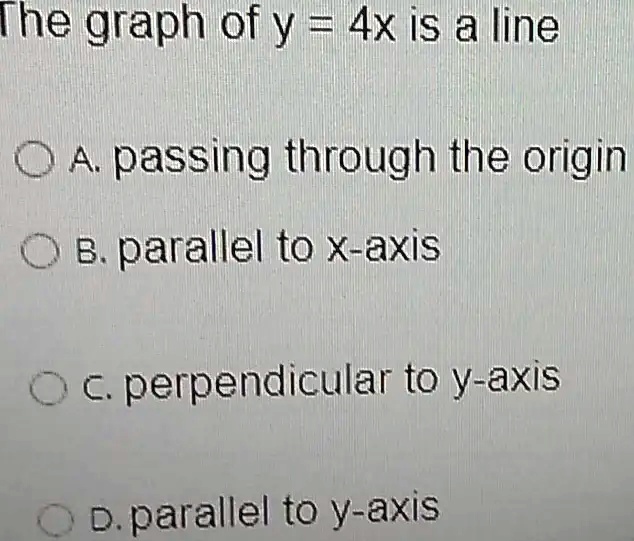 SOLVED: The graph of y = 4x is a line A, passing through the origin B. parallel to X-axis C ...