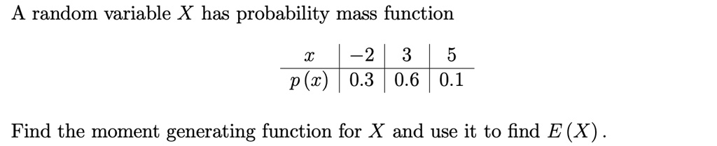 A random variable X has probability mass function x -2 3 5 p(x) 0.3 0.6 ...