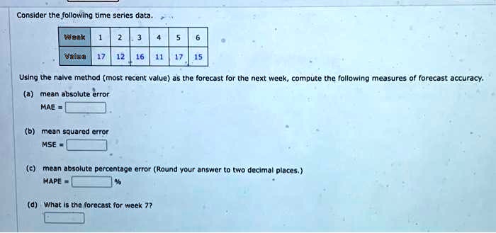 Consider the following time series data. Week 1 2 3 4 5 6 Value 17 12 16 11 17 15 Using the ...