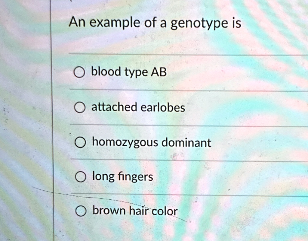An example of a genotype is blood type AB attached earlobes homozygous ...