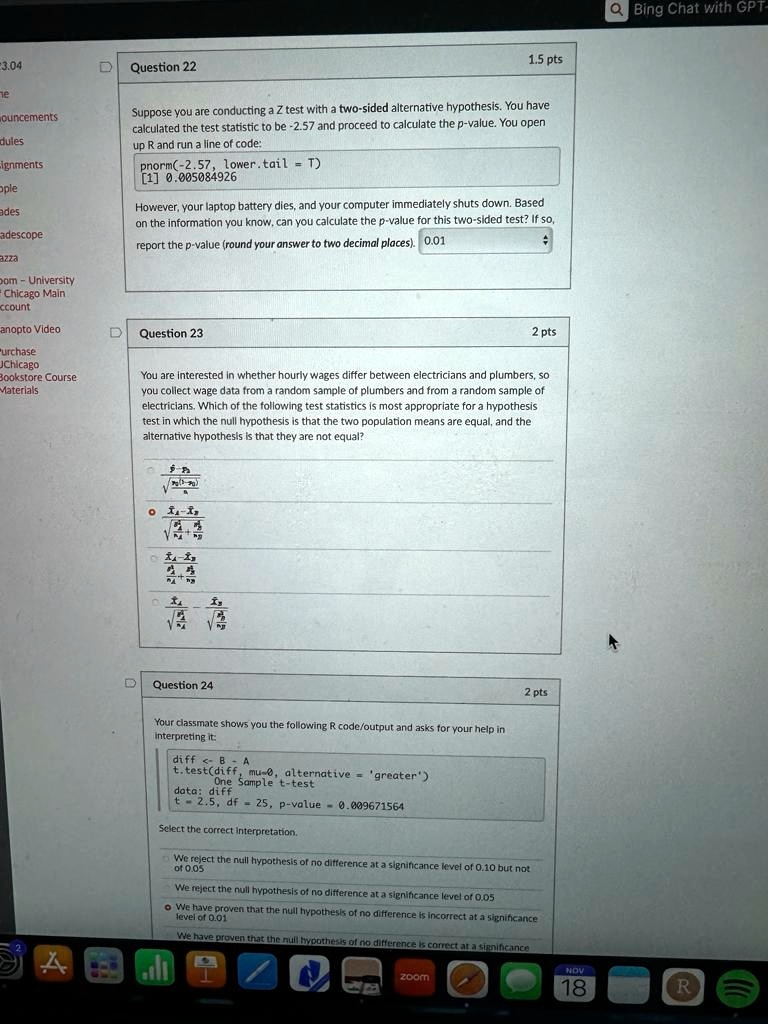 SOLVED: Bing Chat with GP 3.04 Question 22 1.5 pts Suppose you are ...
