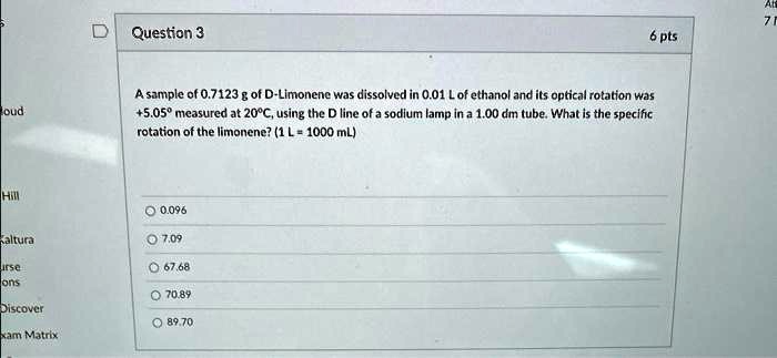 Question 3 6 pts A sample of 0.7123 g of D-Limonene was dissolved in 0. ...