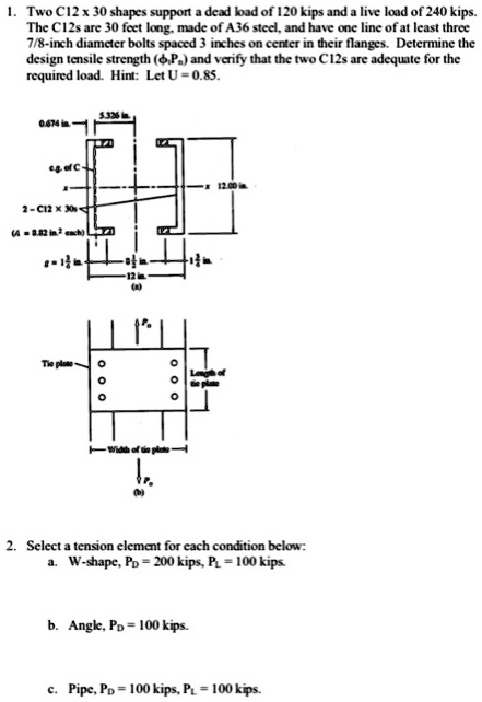 SOLVED: Two C12 x 30 shapes support a dead load of 120 kips and a live ...