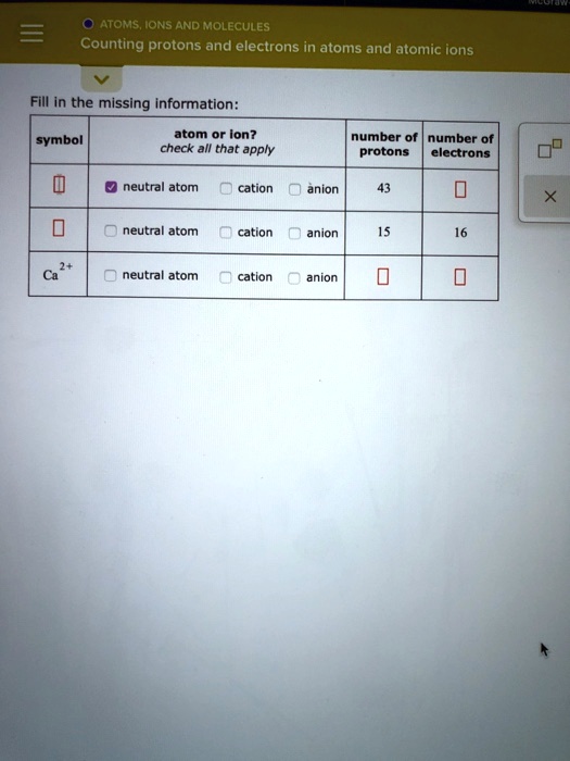 SOLVED: AtoMS; IONS AND MOLECULES Counting protons and electrons in atoms and atomic ions FilI ...