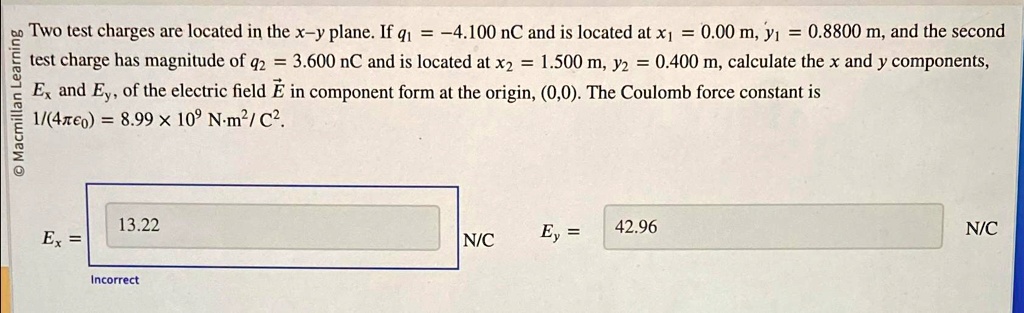 two test charges are located in the x y plane if q1 4100 nc and is ...