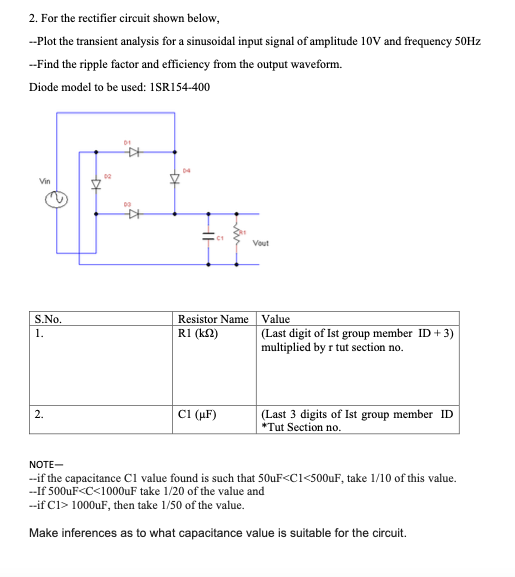 2. For the rectifier circuit shown below, –Plot the transient analysis for a sinusoidal input ...