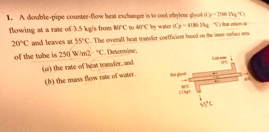 SOLVED: A double-pipe counter-flow heat exchanger is to cool ethylene glycol (Cp=2560 kg/C ...