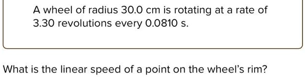 SOLVED: A wheel of radius 30.0 cm is rotating at a rate of 3.30 ...