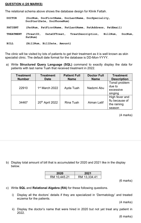 QUESTION 4 (20 MARKS) The relational schema above shows the database ...