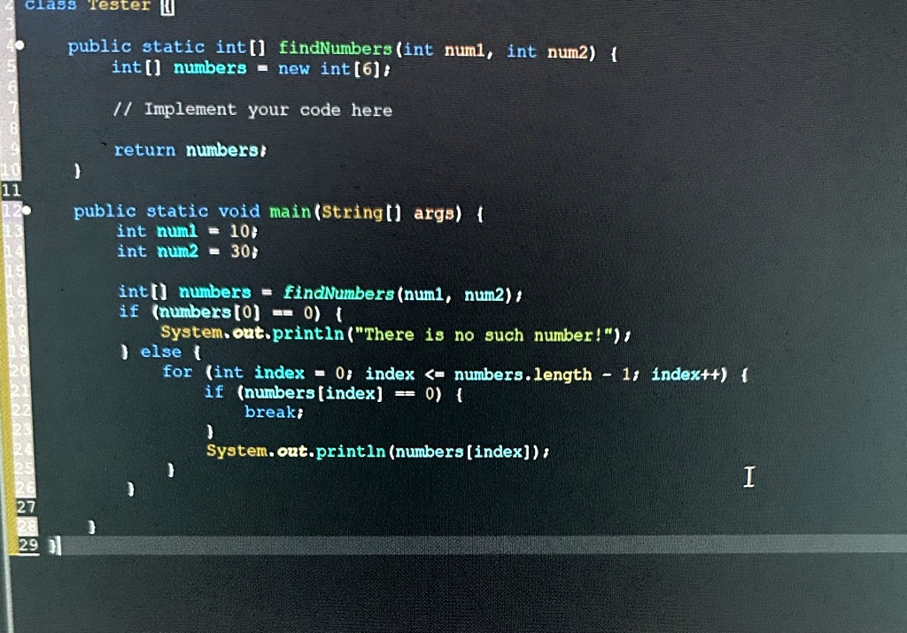 implement the method findnumbers accepting two numbers num1 and num2 ...
