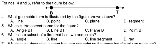 SOLVED: For numbers 4 and 5, refer to the figure below: What geometric term is illustrated by ...