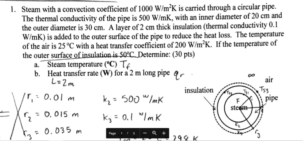 1. Steam with a convection coefficient of 1000 W/m²K is carried through a circular pipe. The ...