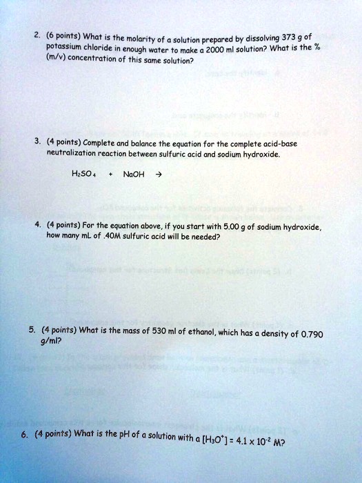 SOLVED: 1. What is the molarity of a solution prepared by dissolving 373 g of potassium chloride ...