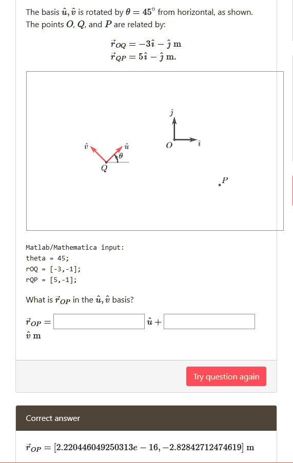 The basis û, v̂ is rotated by θ = 45^∘ from horizontal, as shown. The points O, Q, and P are ...