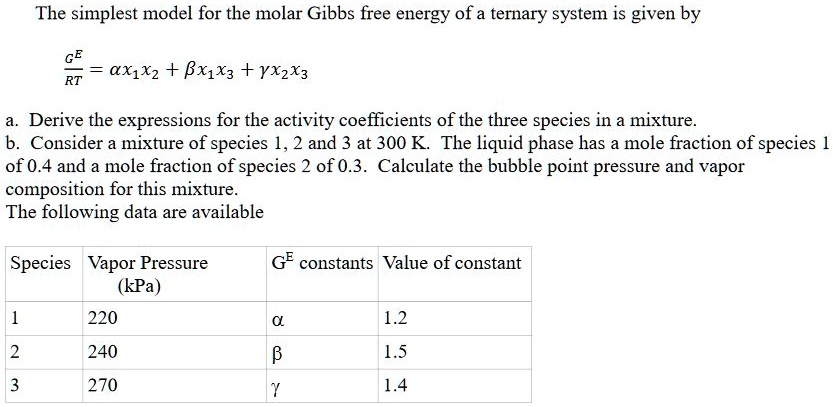 SOLVED: The simplest model for the molar Gibbs free energy of a ternary system is given by GE ...