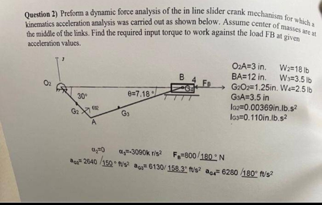 SOLVED: Question 2) Preform a dynamic force analysis of the in line slider crank mechanism for ...