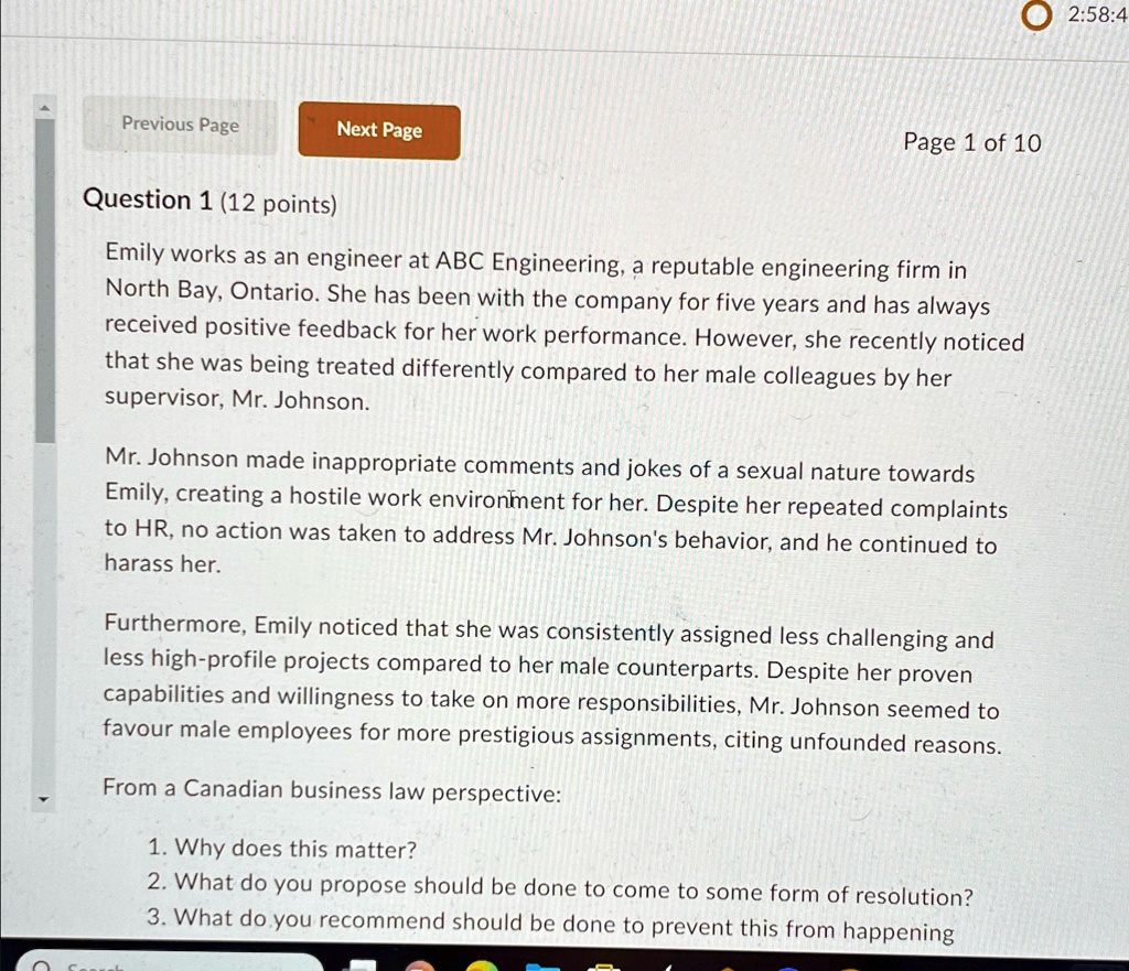 Page 1 of 10 Question 1 (12 points) Emily works as an engineer at ABC Engineering, a reputable ...