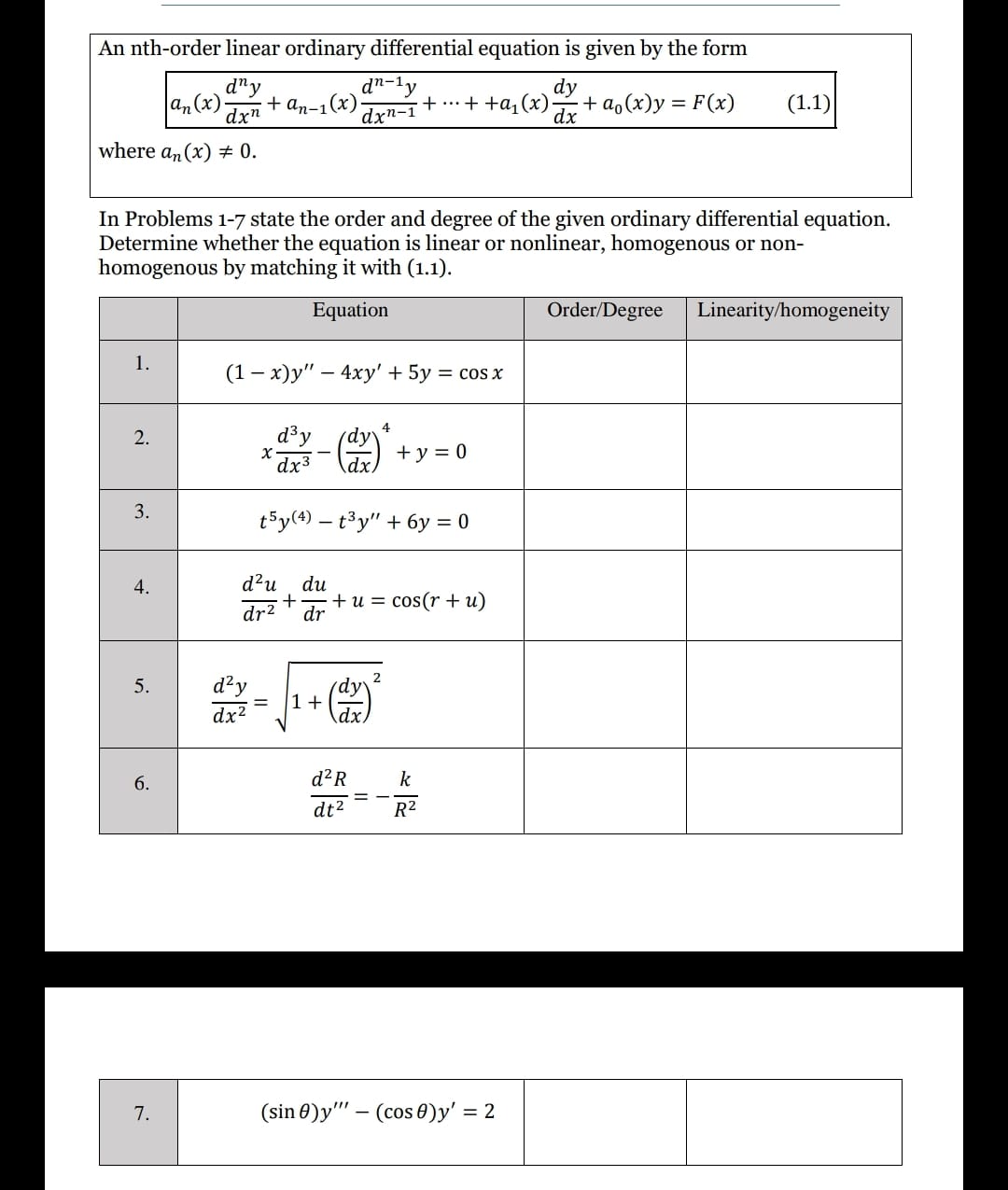 SOLVED: An nth-order linear ordinary differential equation is given by ...
