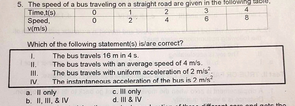 SOLVED: 5. The speed of a bus traveling on a straight road is given in ...