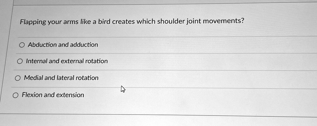 SOLVED: Flapping your arms like a bird creates which shoulder joint ...