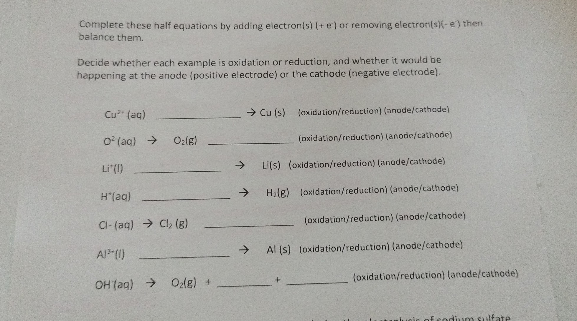 SOLVED: Complete these half equations by adding electron(s) (+e) or ...