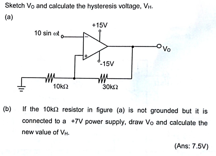 SOLVED: Circuit Analysis Sketch Vo and calculate the hysteresis voltage, VH. (a) +15V 10 sin t ...