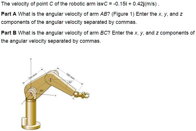 The velocity of point C of the robotic arm isvC = -0.15i + 0.42j(m/s). Part A What is the ...