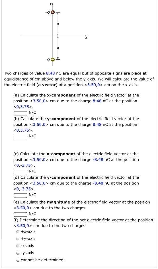 SOLVED: Two charges of value 8.48 nC are equal but of opposite signs ...