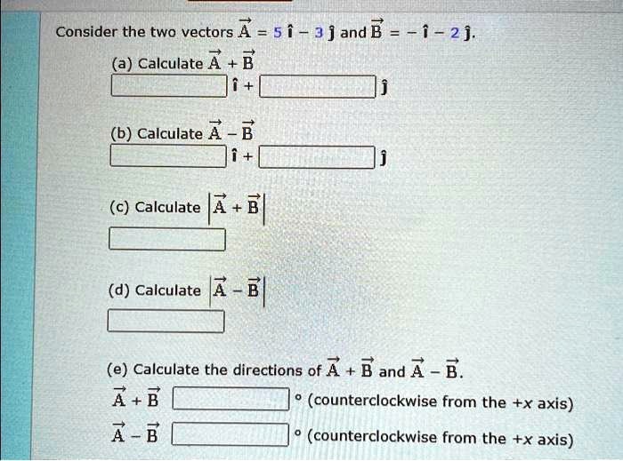 Consider the two vectors A⃗ = 5î - 3ĵ and B⃗ = -î - 2ĵ. (a) Calculate ...